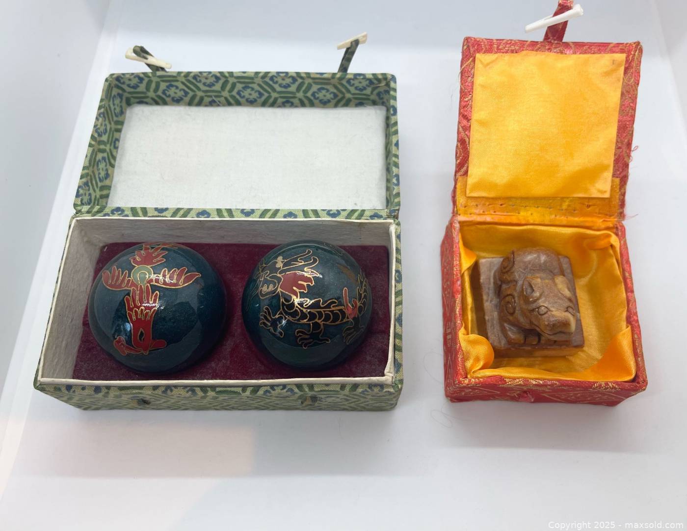 Chinese Cloisonné Baoding Balls and Stone Seal | Maxsold