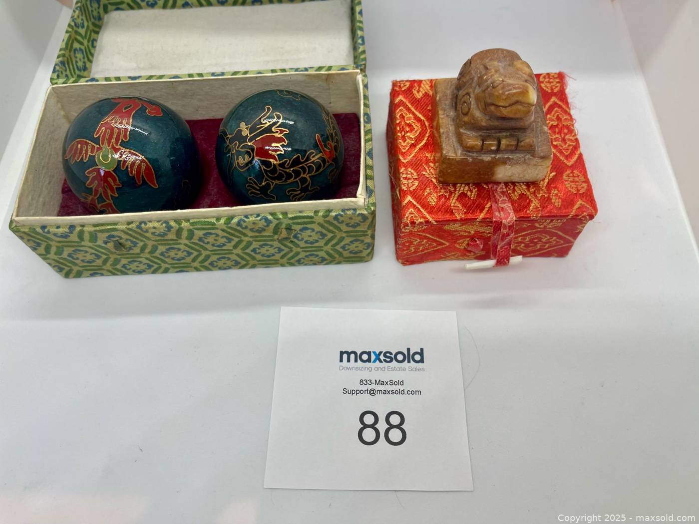 Chinese Cloisonné Baoding Balls and Stone Seal | Maxsold