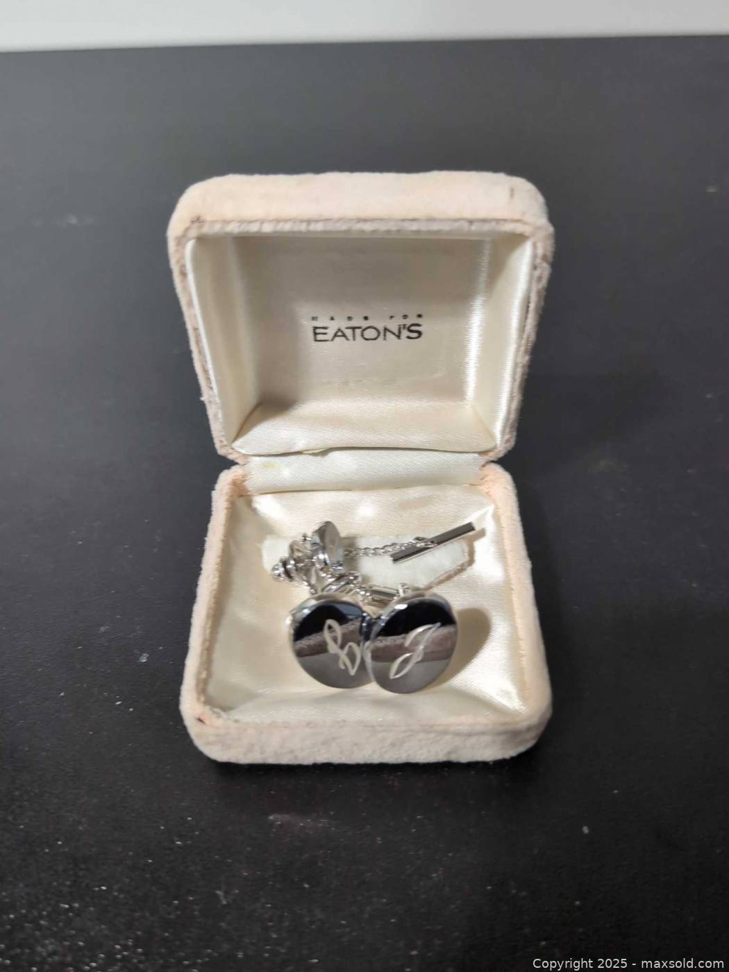 Eaton's script J cufflinks, tie clip, tie tack with box | Maxsold