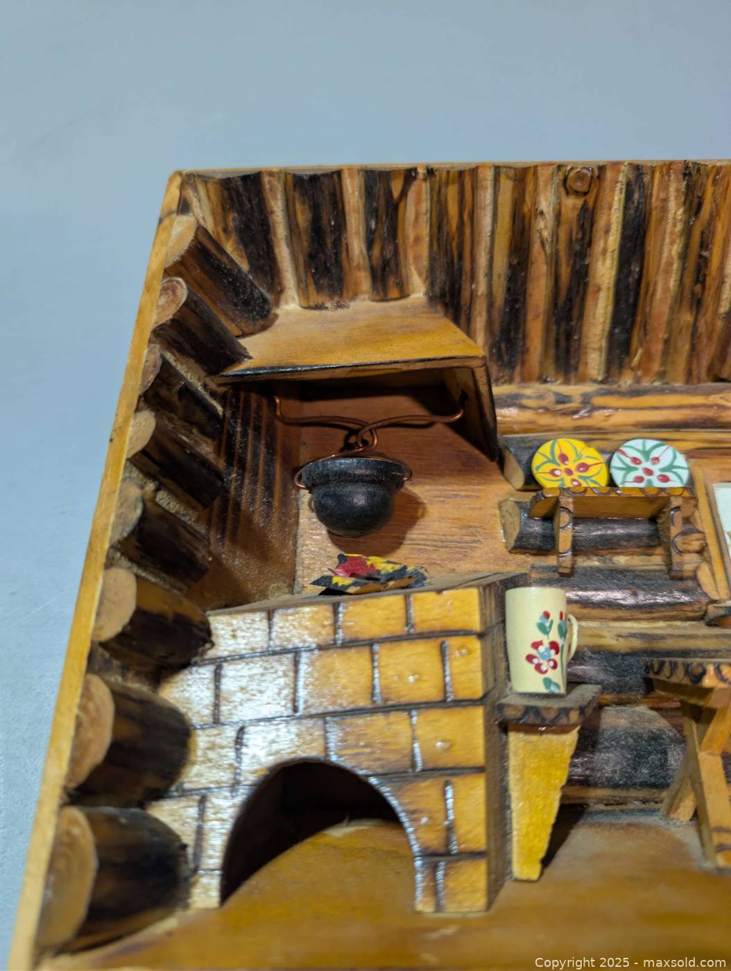 Miniature wooden log-cabin interior diorama | Maxsold