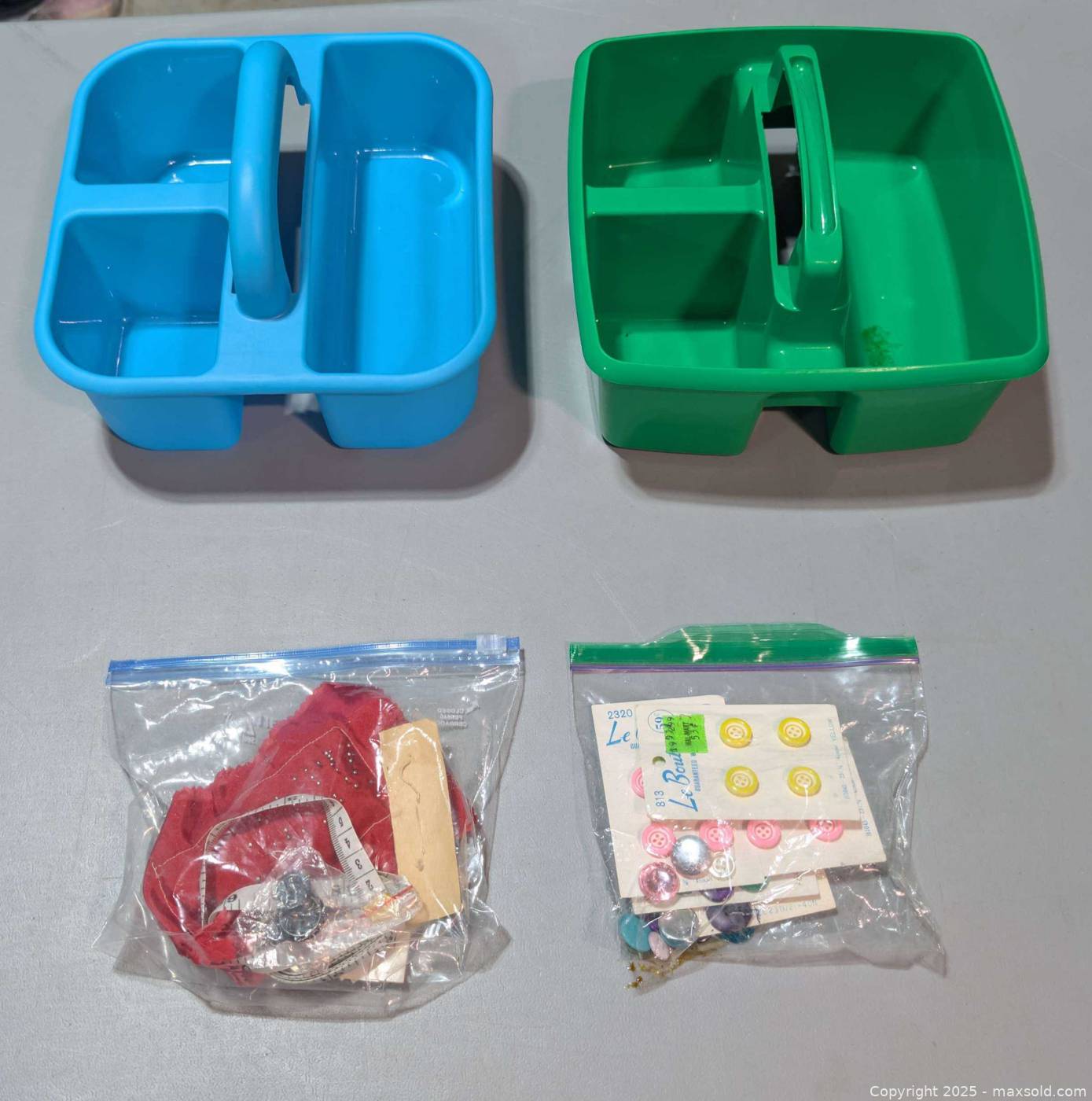 Blue and Green Plastic Compartment Caddies with Sewing Notions | Maxsold