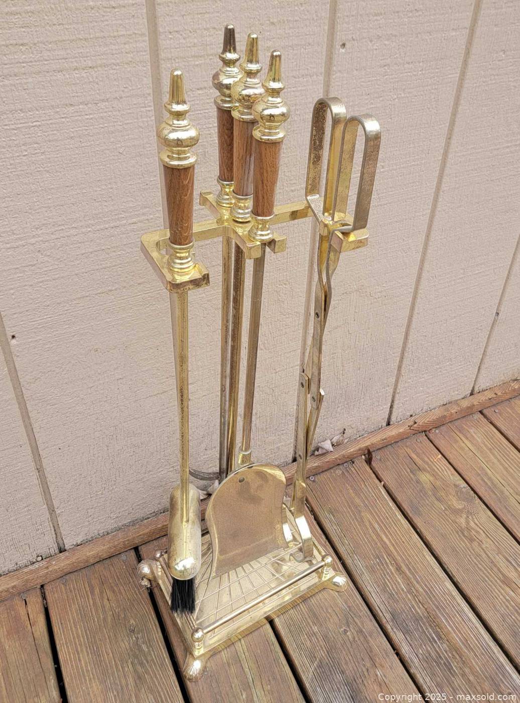 Vintage brass fireplace tools set with stand | Maxsold