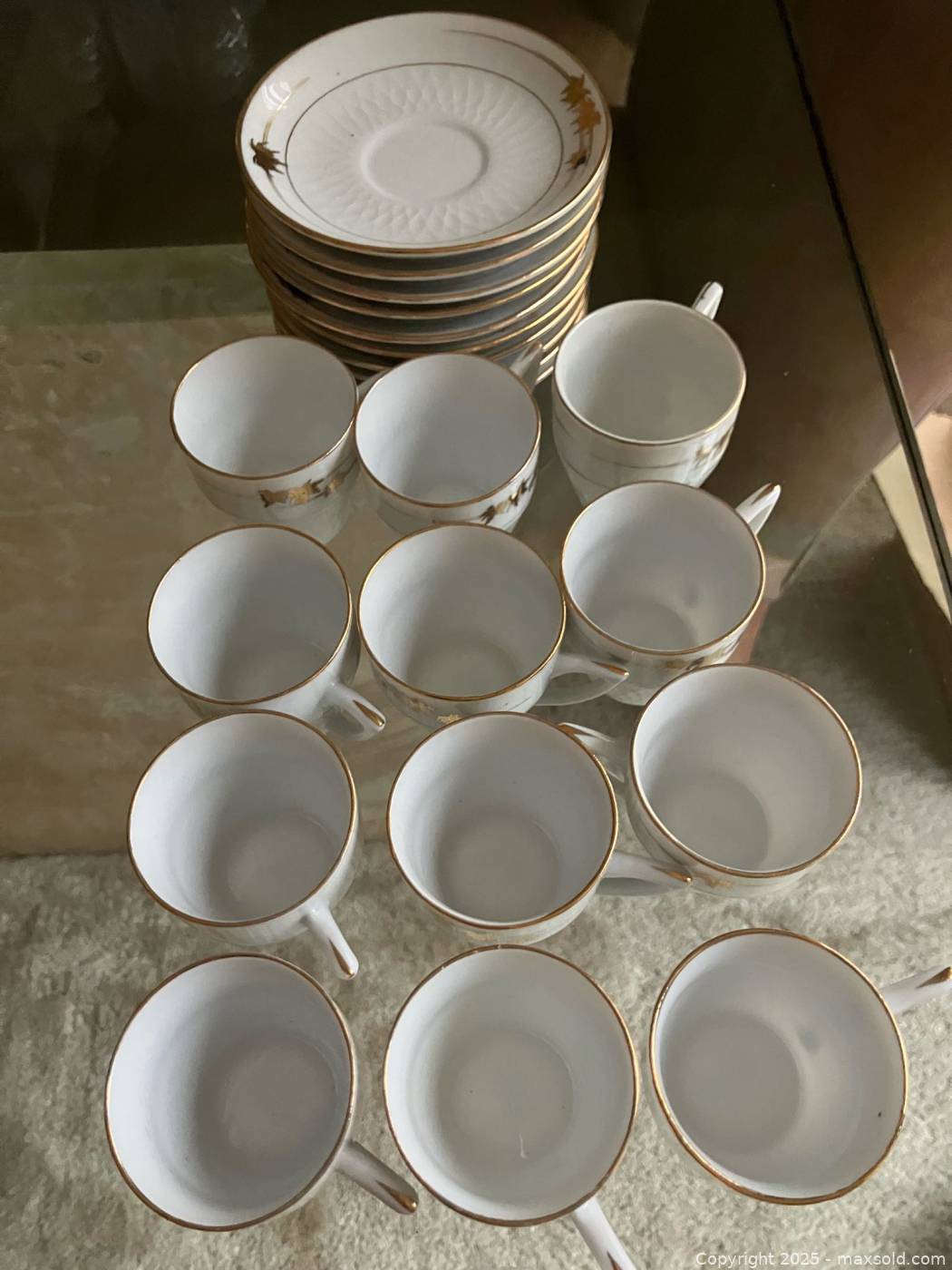 White porcelain espresso cups, saucers, divided plate with gold trim ...