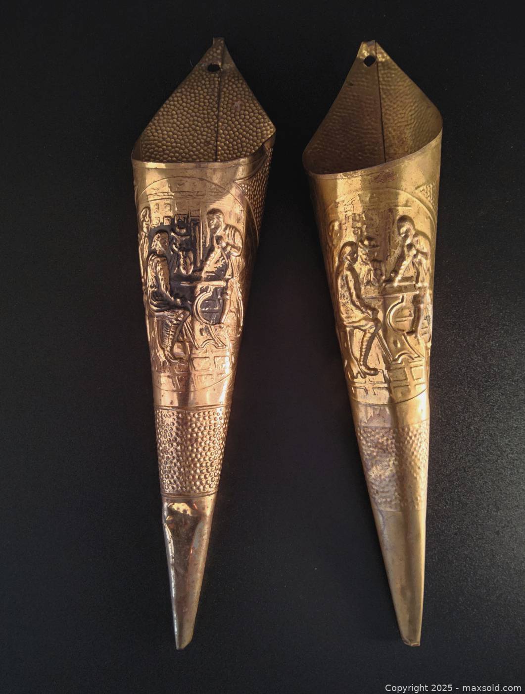 Vintage brass cone wall match holders pair | Maxsold