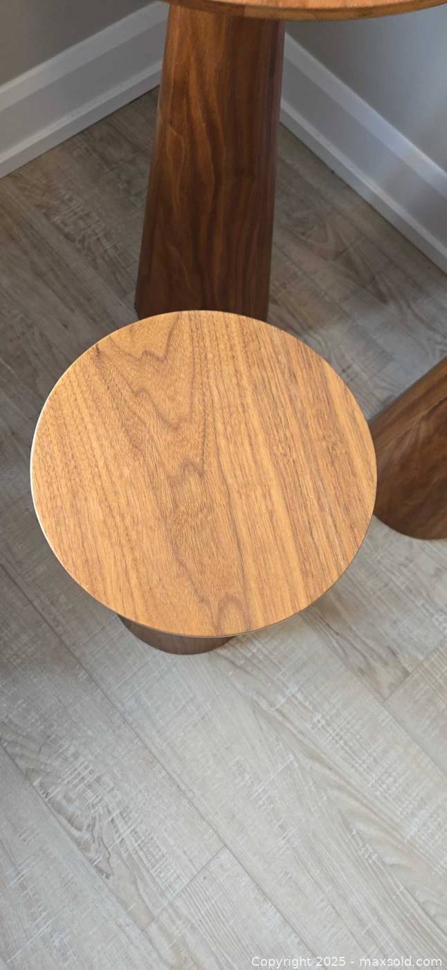 Set of 3 solid wood cone pedestal accent tables | Maxsold