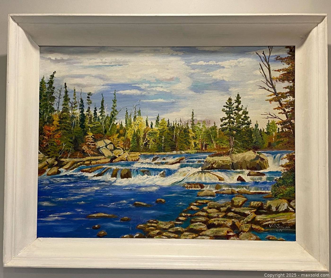 1974 oil on board landscape painting in deep-set white frame, signed ...