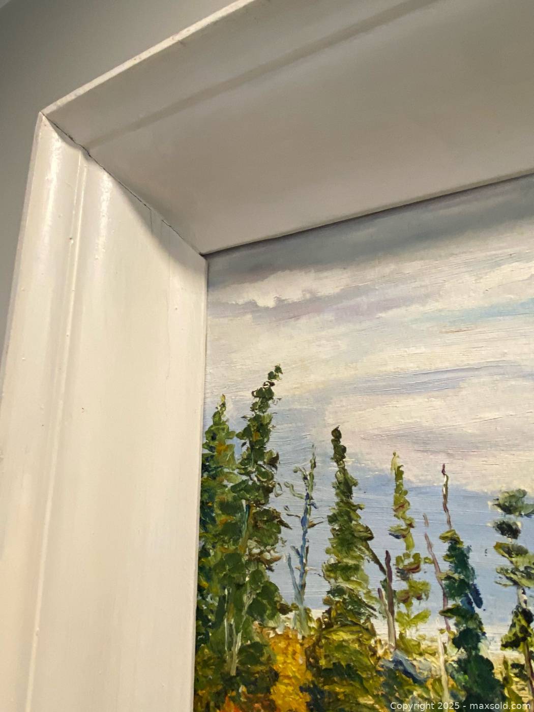 1974 oil on board landscape painting in deep-set white frame, signed ...