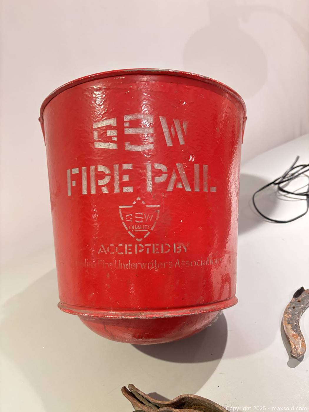 ESW red metal fire pail, sleigh bell strap, horseshoe | Maxsold