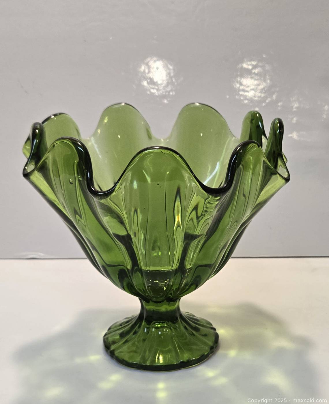 Green glass footed compote ruffled bowl | Maxsold