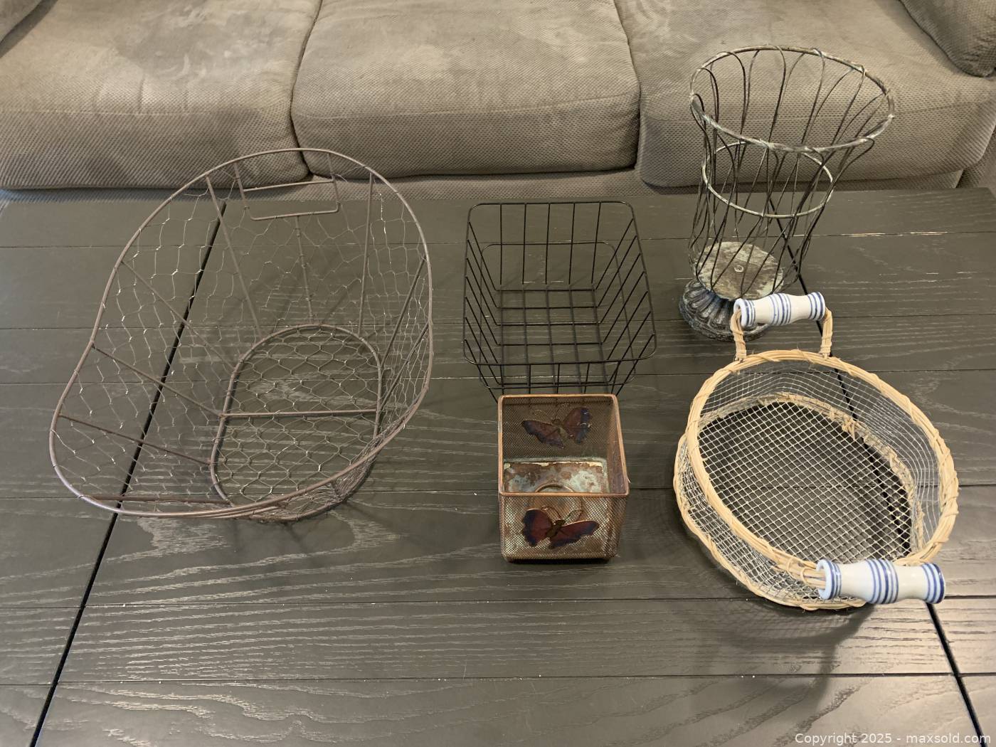 Rustic wire & wicker baskets, set of 5 | Maxsold