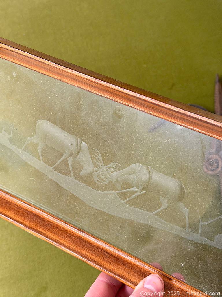Wood framed etched glass stag tray and iron hook | Maxsold