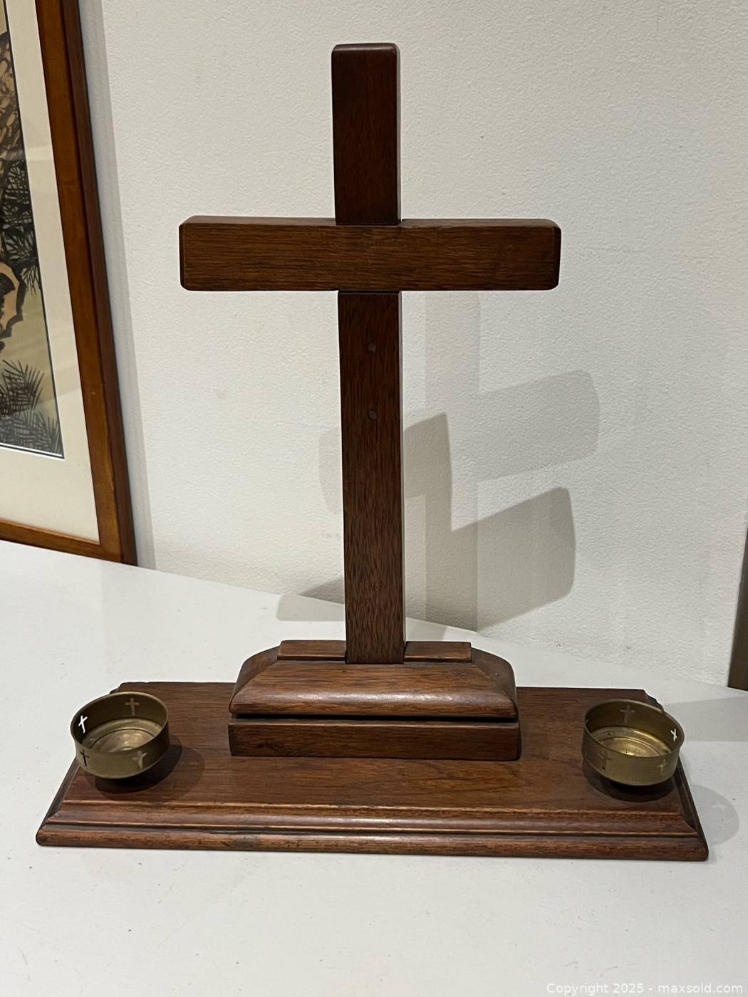 Wooden Cross With Brass Candle Holders | Maxsold