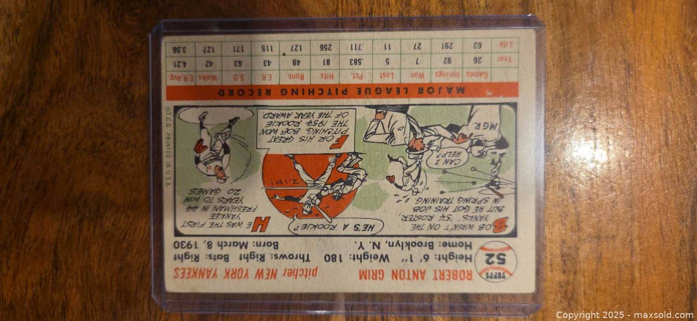1956 Topps Bob Grim Yankees baseball card #52 | Maxsold