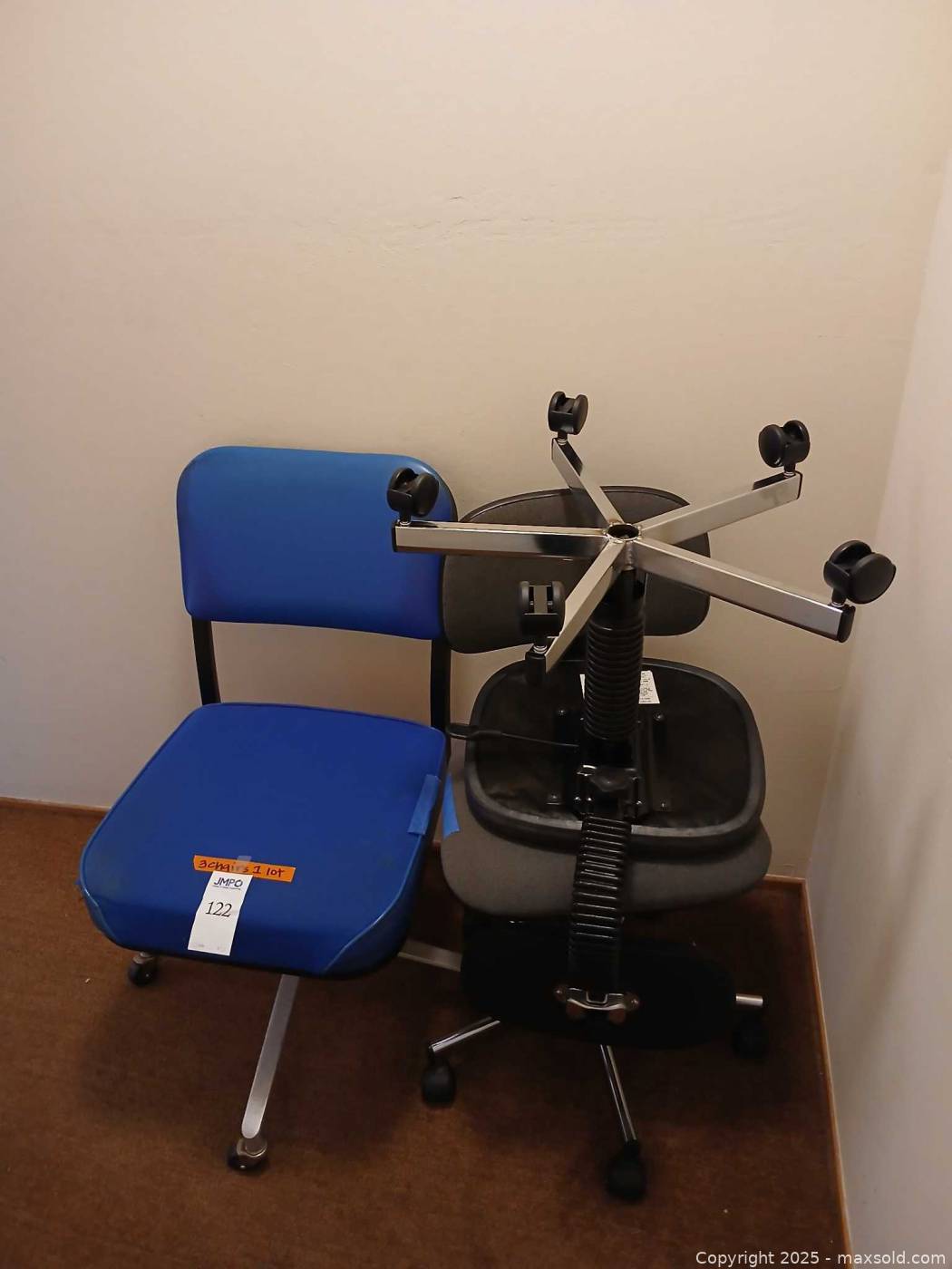 Blue swivel chair and two gray swivel chairs | Maxsold