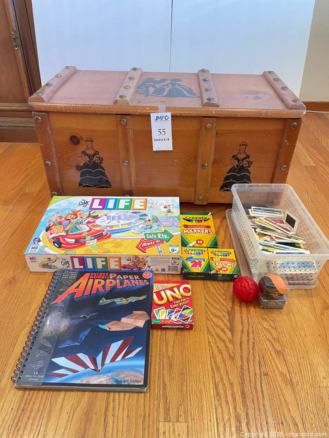 Wood storage chest, board game, UNO, Crayola markers & crayons, paper ...