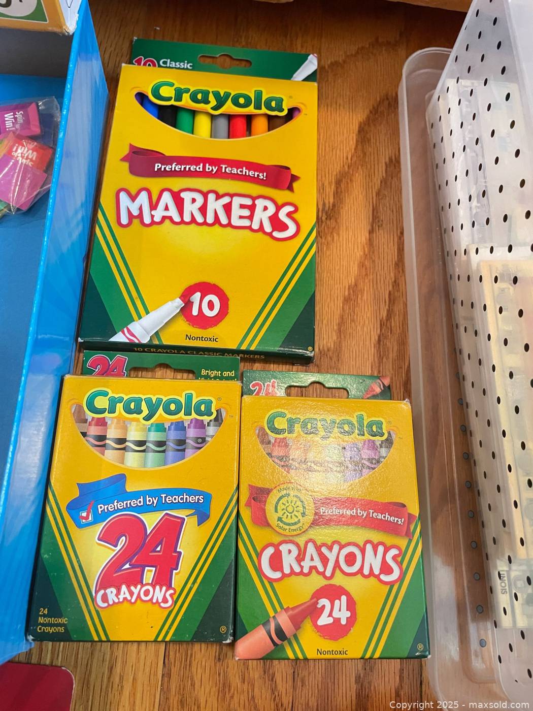 Wood storage chest, board game, UNO, Crayola markers & crayons, paper ...