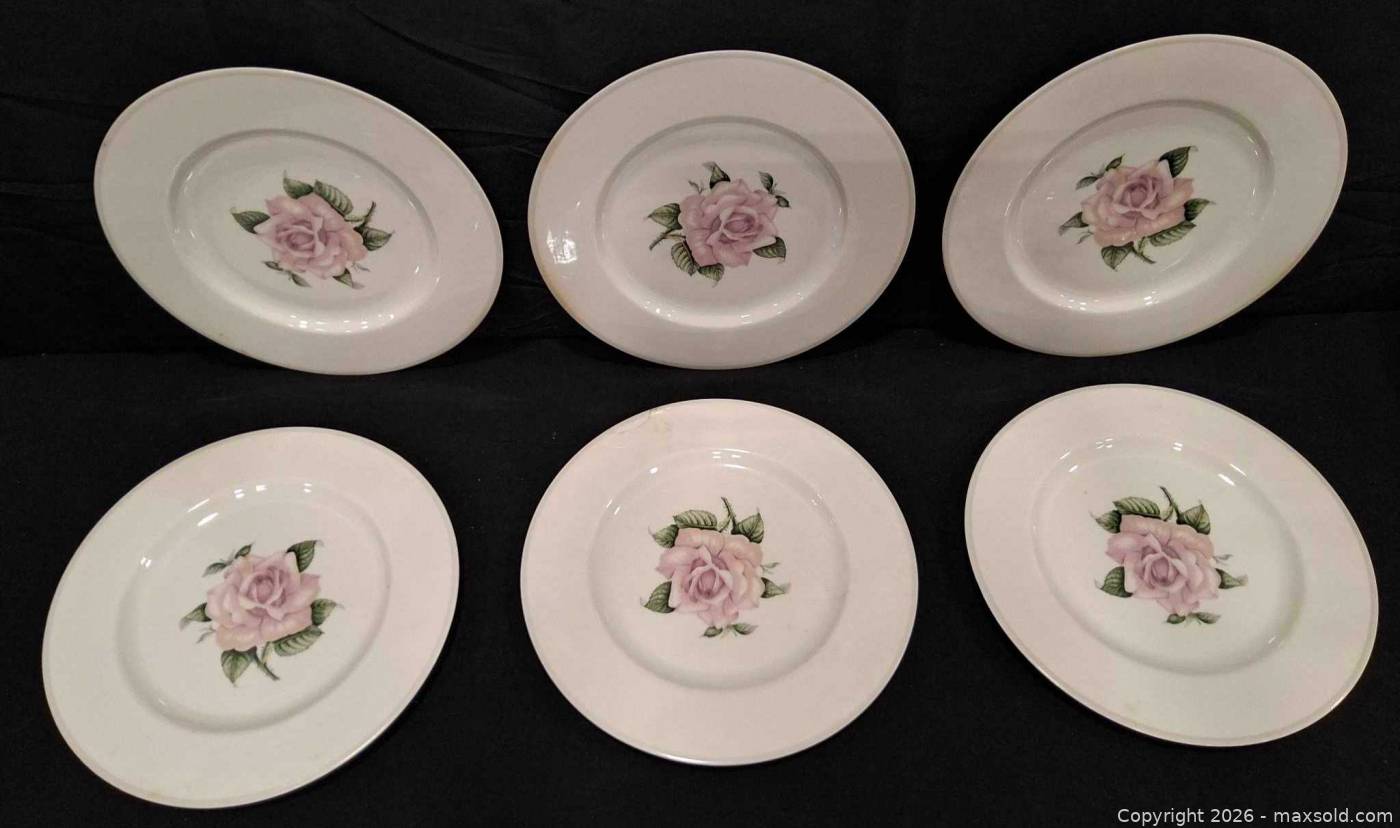 Eight floral pink rose china plates | Maxsold