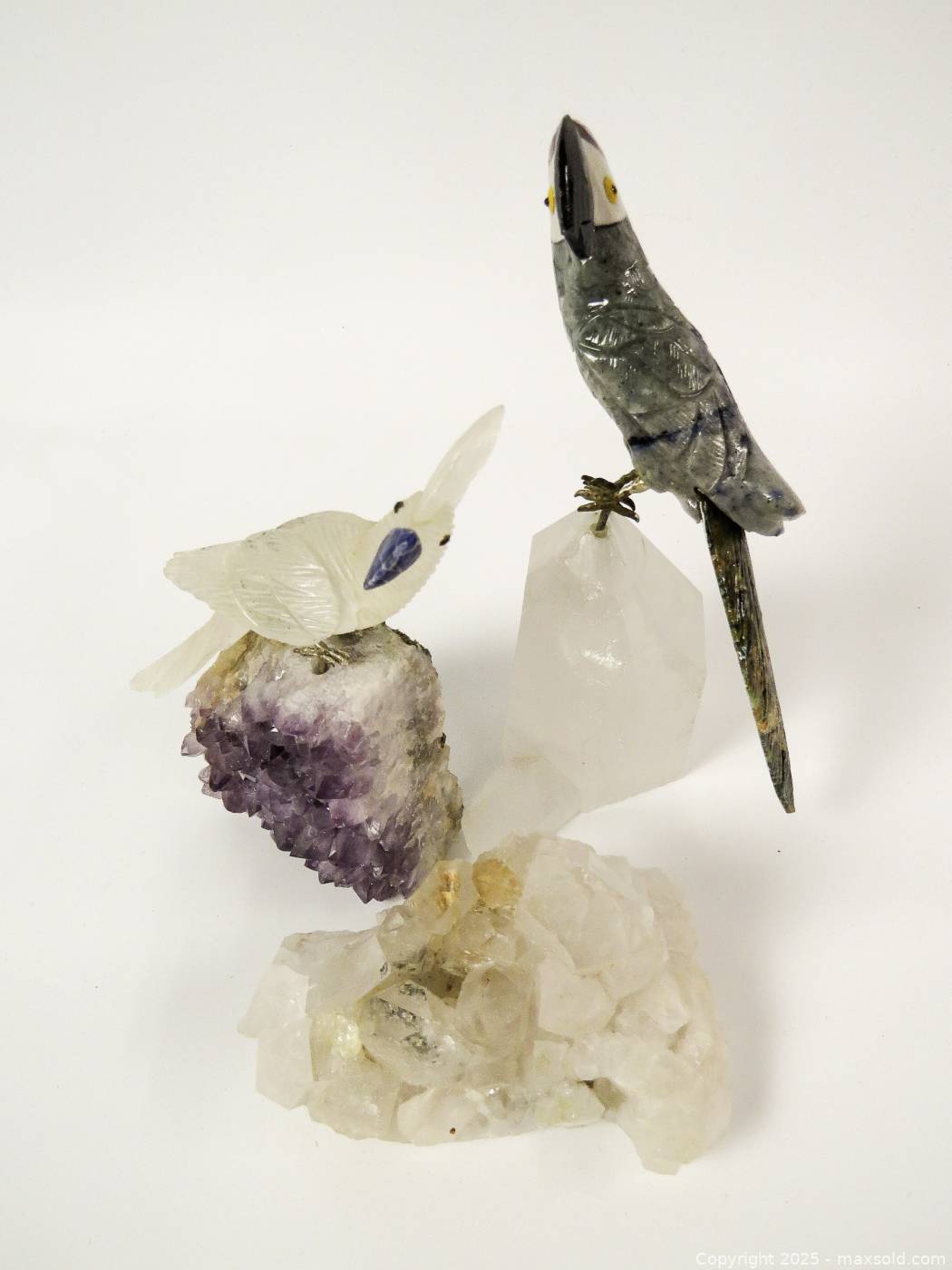 Set of 3 carved gemstone bird figurines on crystal bases | Maxsold