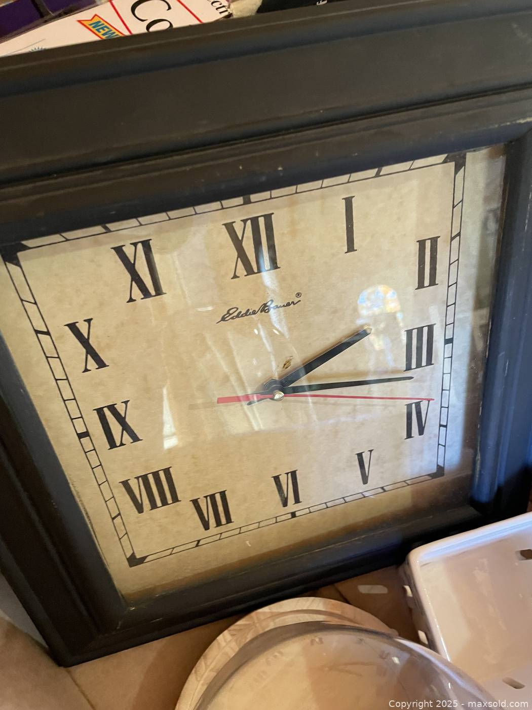 Eddie Bauer square wall clock, glass cloche and ceramic basket | Maxsold