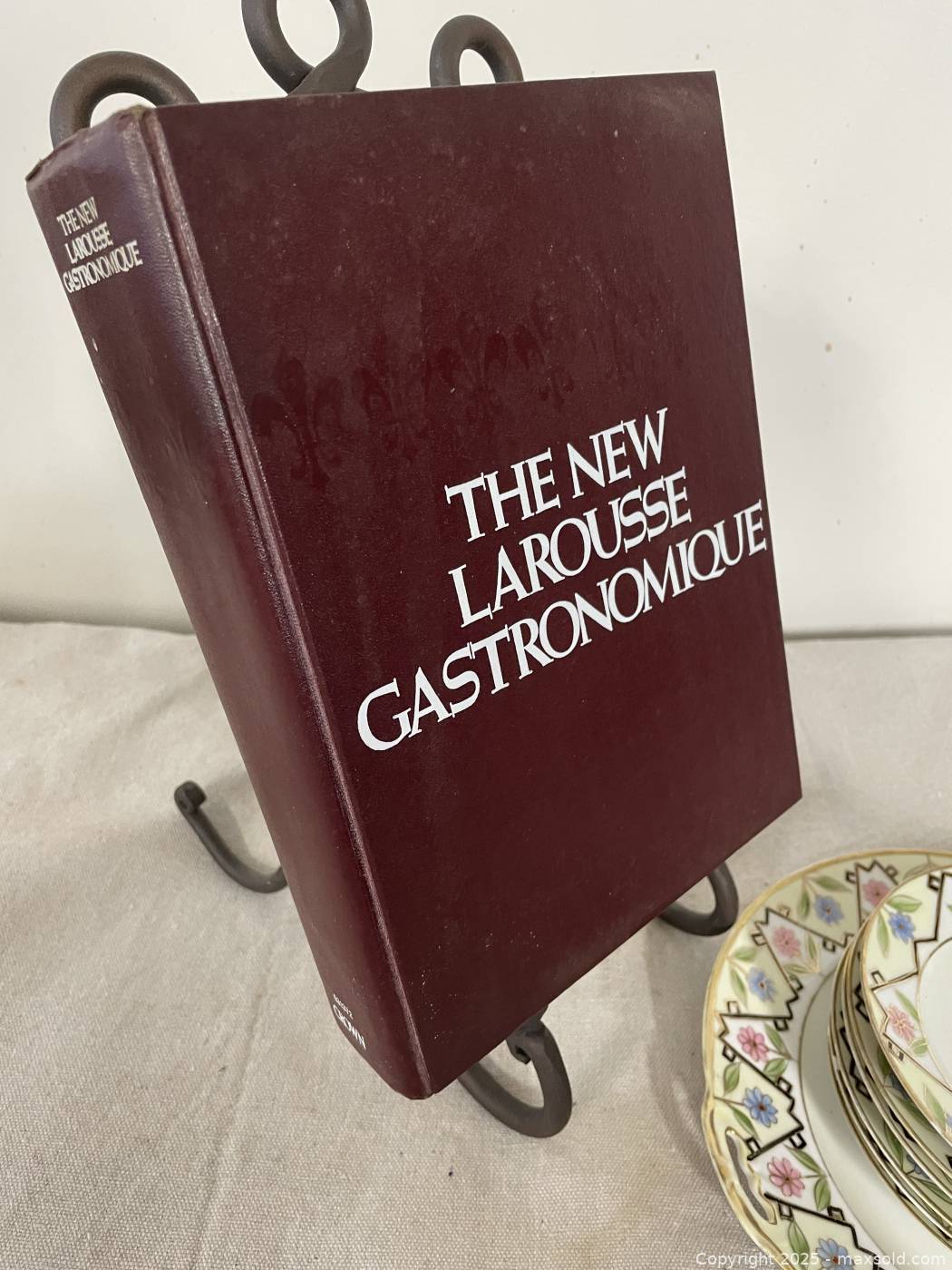 Nippon handpainted dessert set, wrought iron cookbook stand, Larousse ...