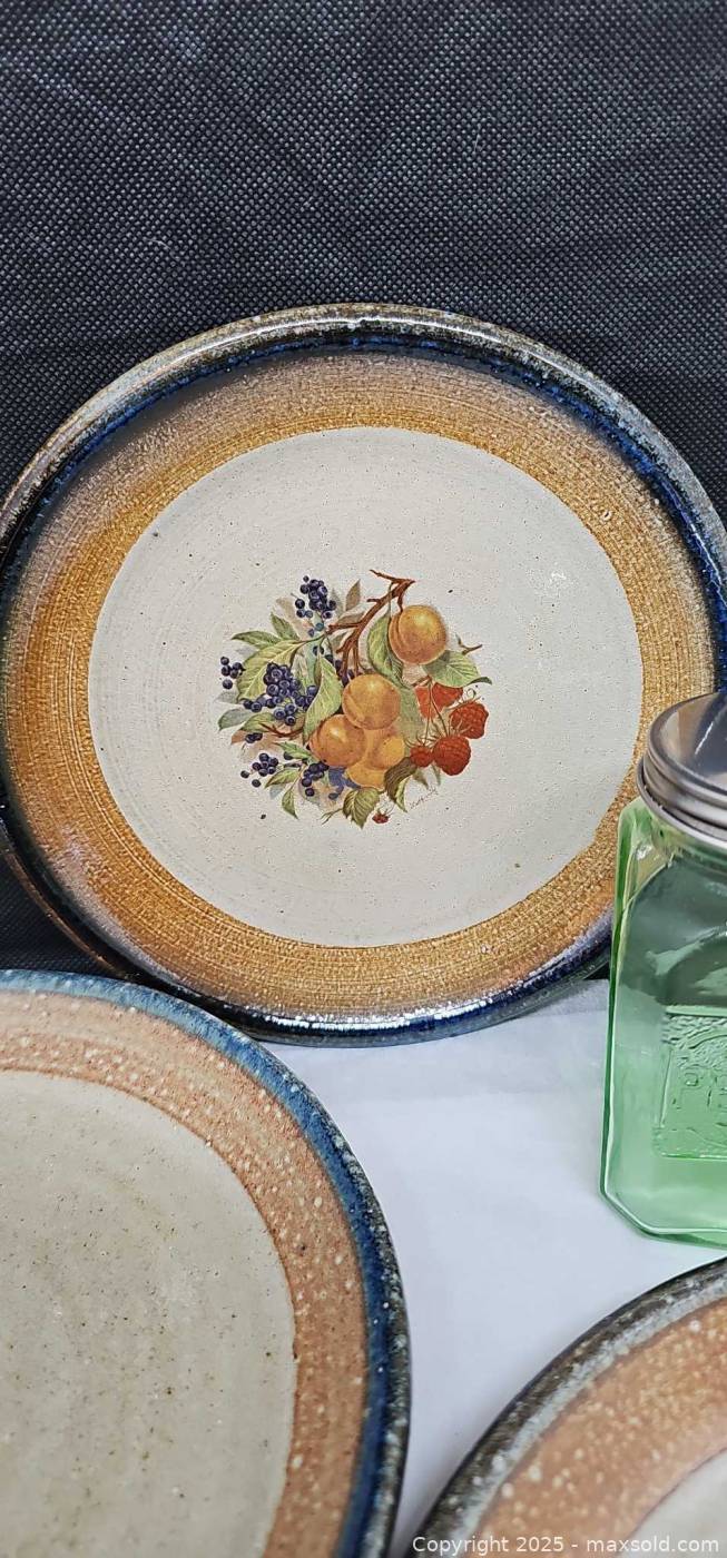 3 pottery fruit plates, green glass salt & pepper shakers | Maxsold