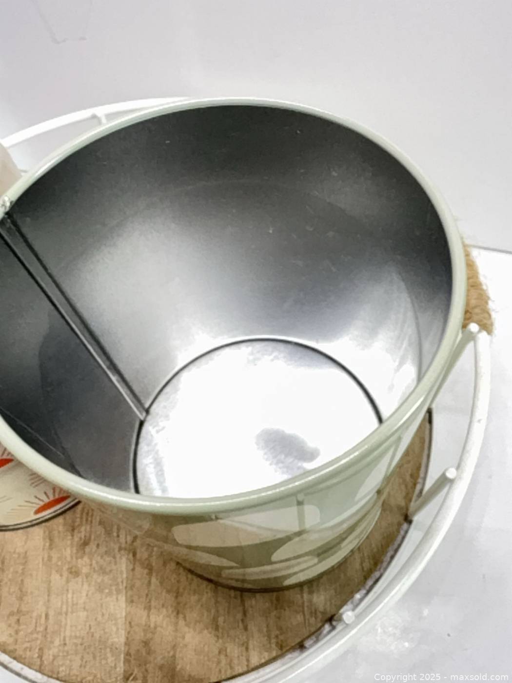 Metal canisters with wooden lids and tray | Maxsold