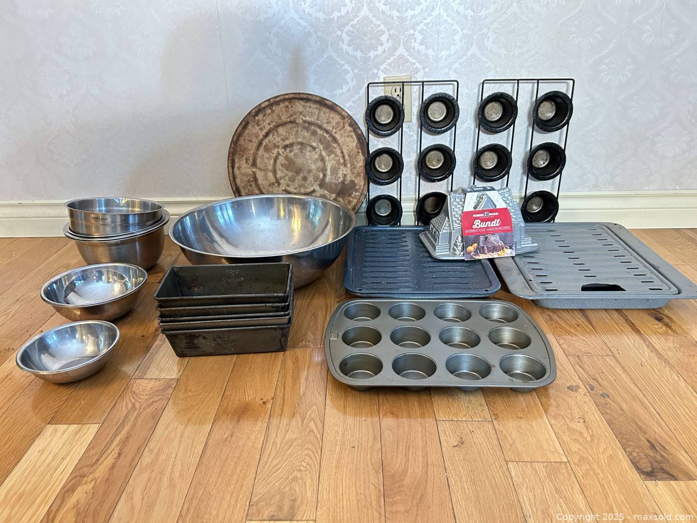 Baking cookware lot with mixing bowls, loaf pans, muffin pan, racks and ...