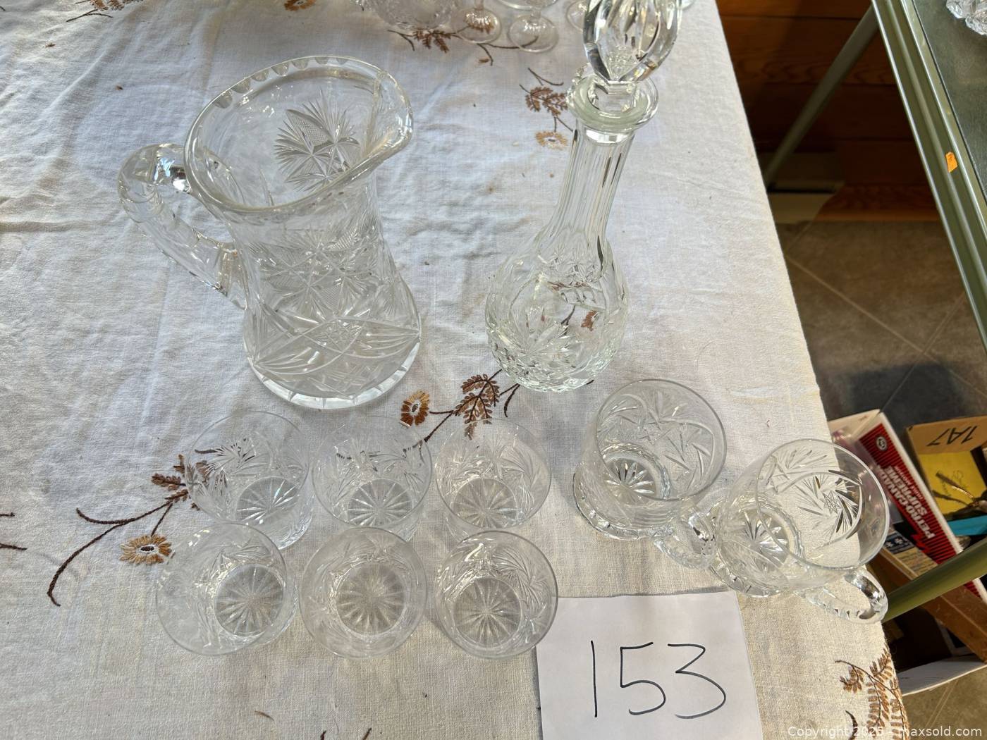 Lead crystal pitcher, decanter, 4 cordial glasses, 4 handled mugs | Maxsold