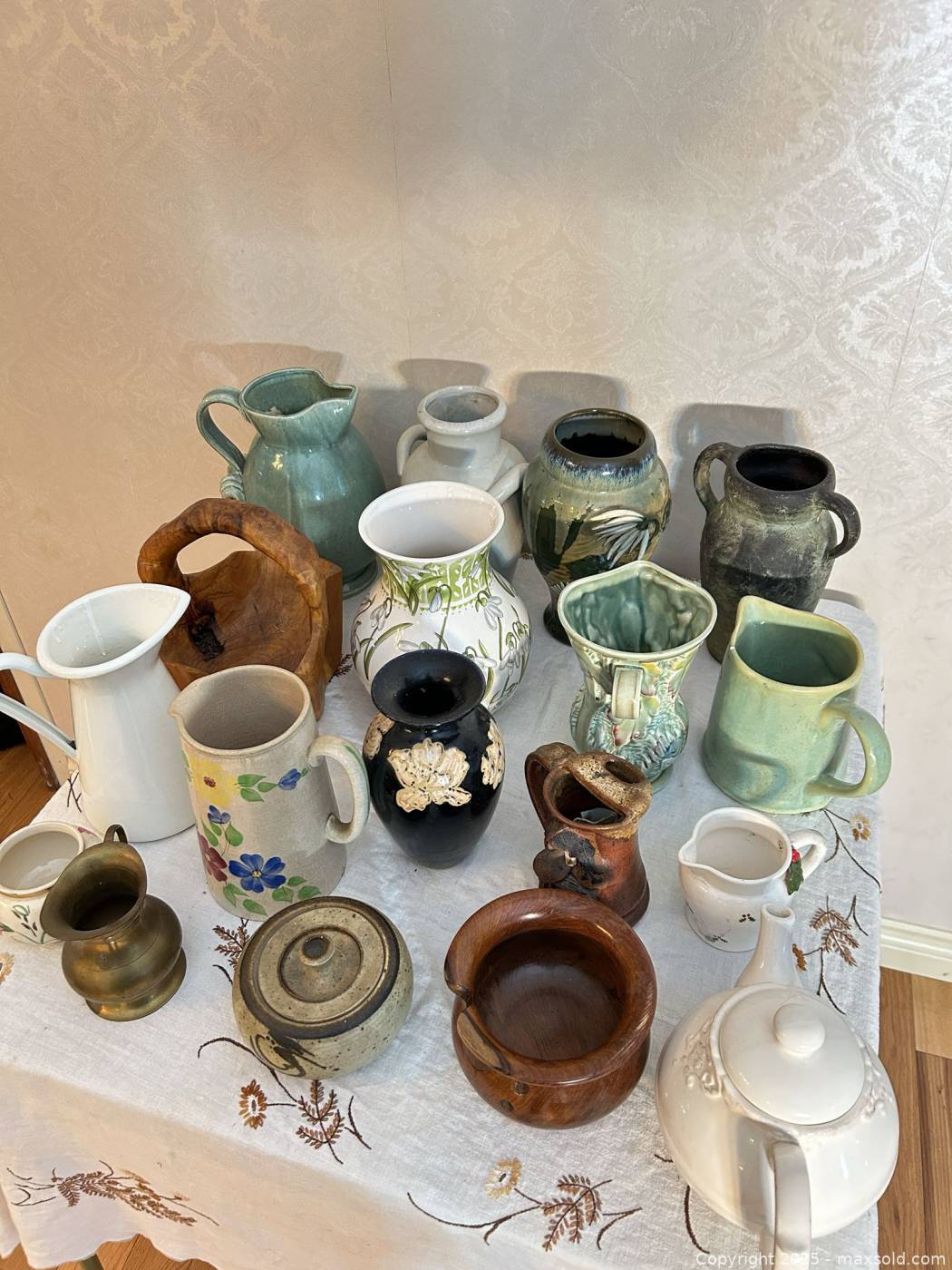 18 Mixed Ceramic, Stoneware, Wood & Brass Vessels | Maxsold