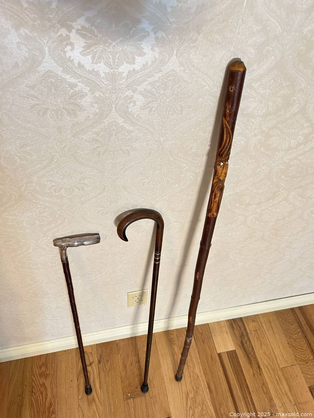 Lot of 3 mixed wood and metal walking canes | Maxsold