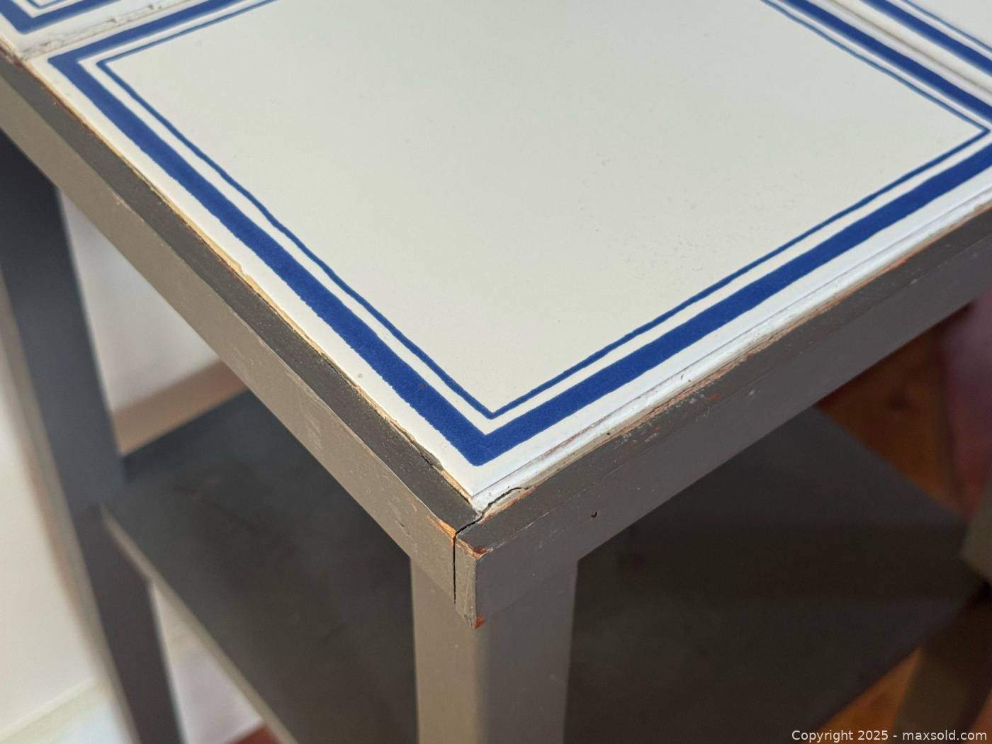 Vintage taupe painted wood side table with blue-trimmed ceramic tile ...