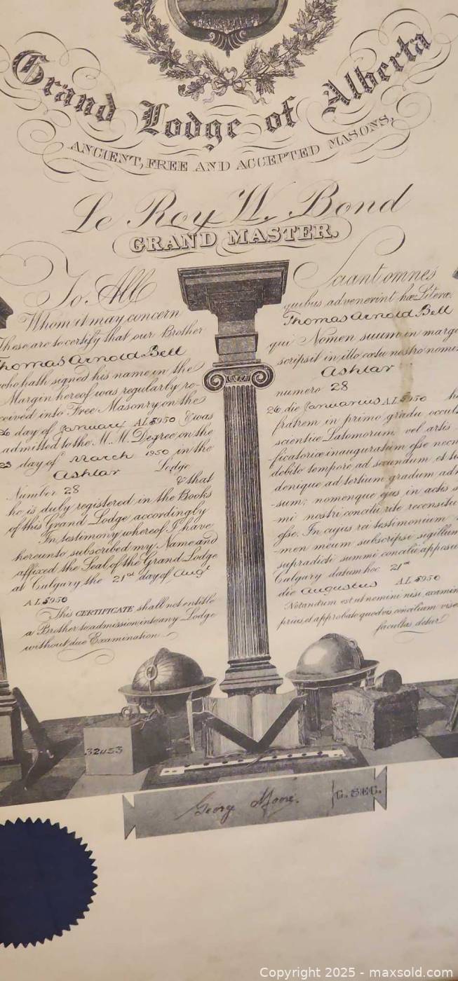 Antique Masonic picture frame with certificate | Maxsold