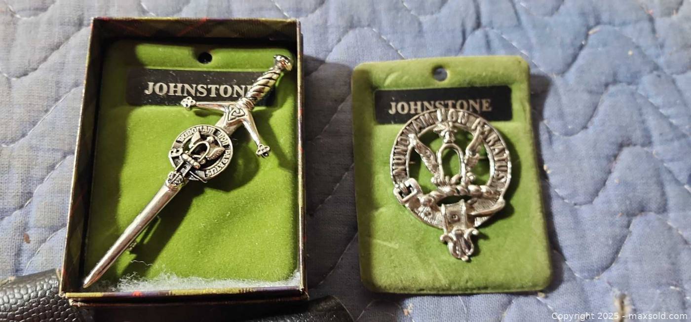 Johnstone clan kilt pins, crest badge, belt buckle, leather shoulder ...