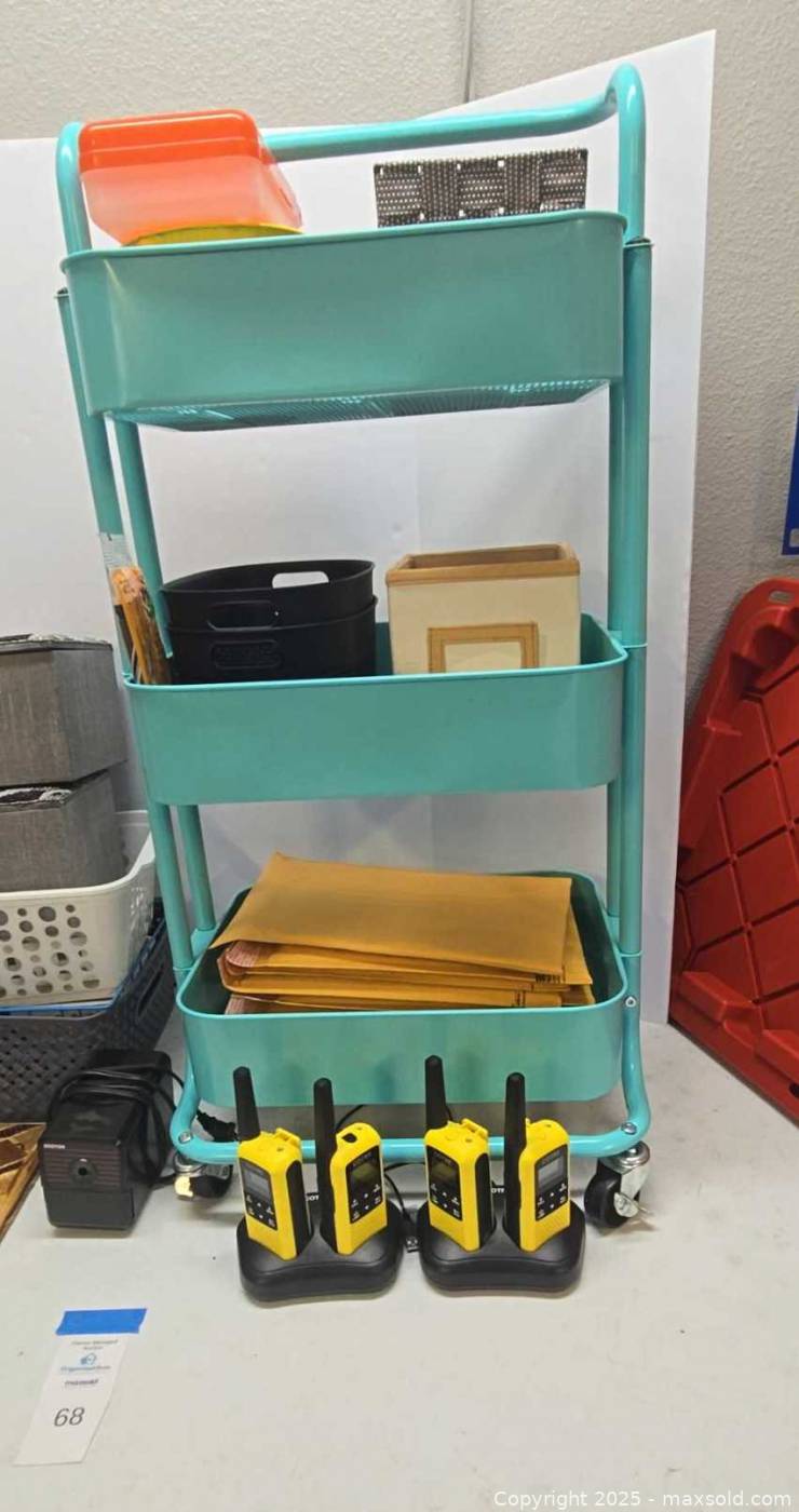 Rolling utility cart, storage bins, walkie-talkies, sharpener | Maxsold