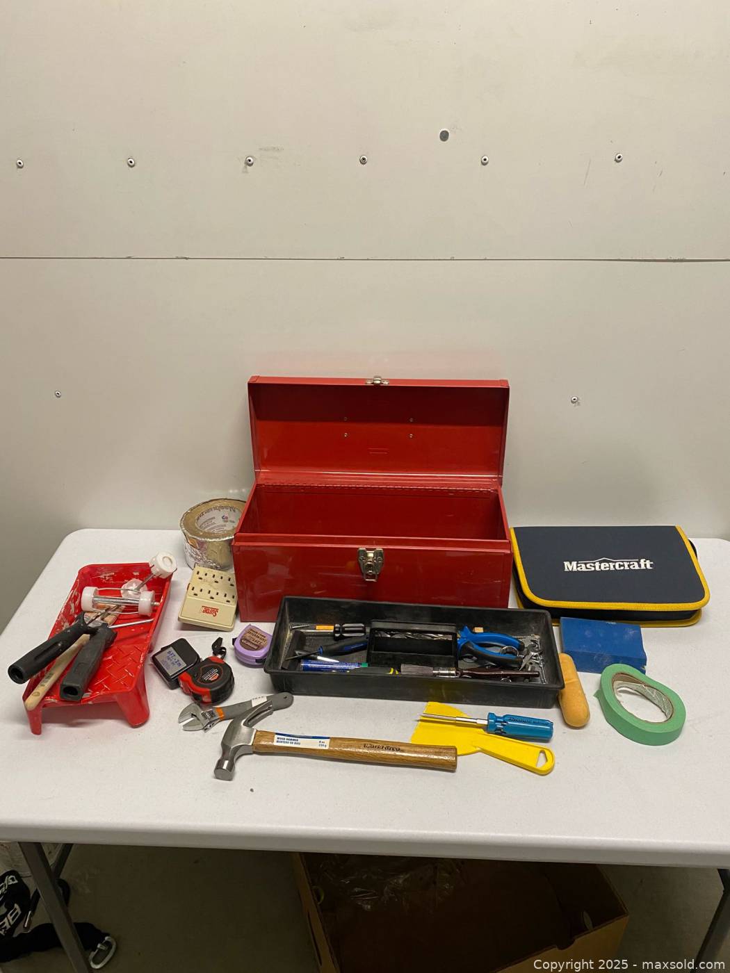 Assorted tools with red metal toolbox | Maxsold