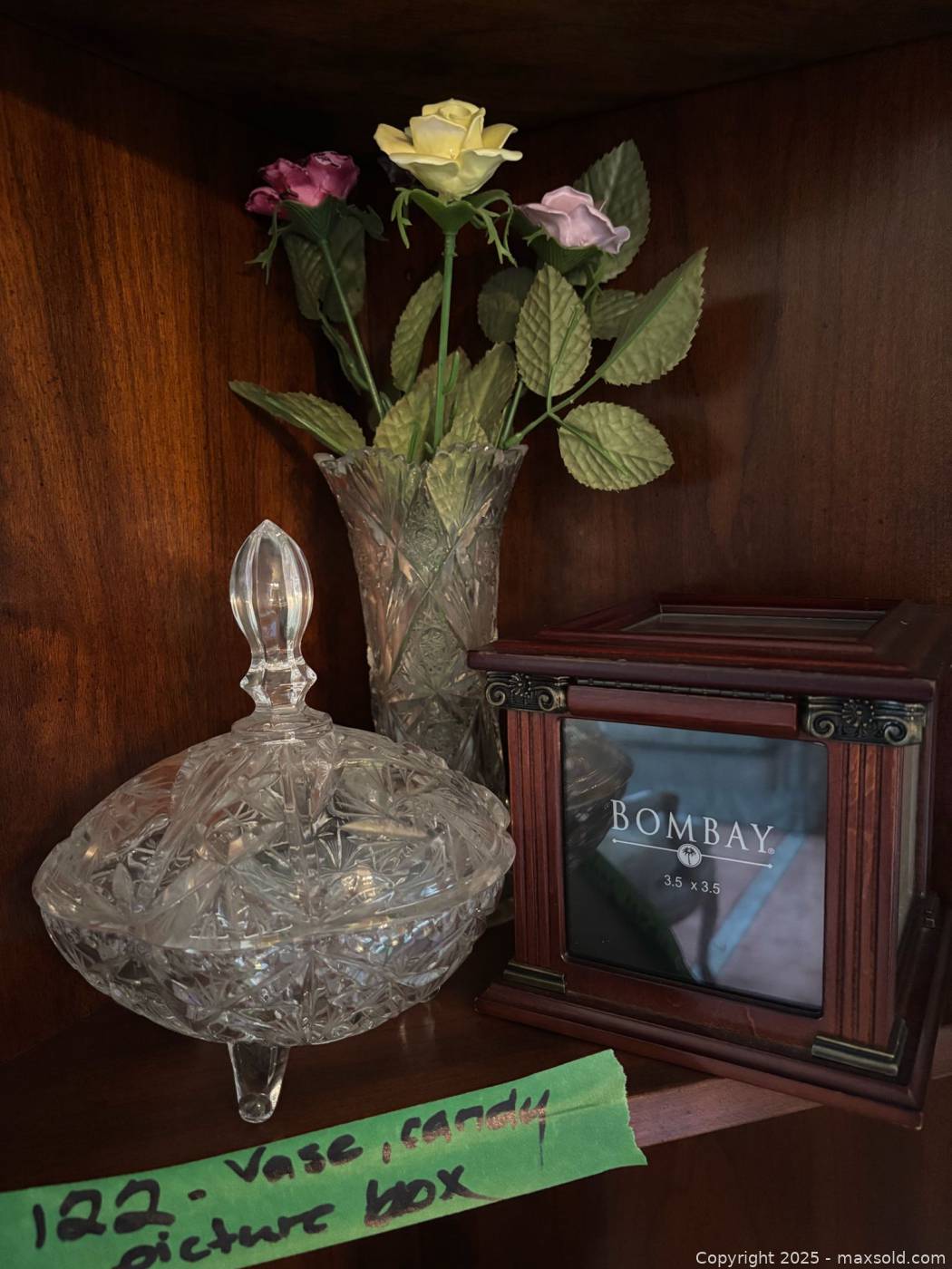 Pinwheel crystal bowl, crystal vase with china roses, Bombay wooden ...
