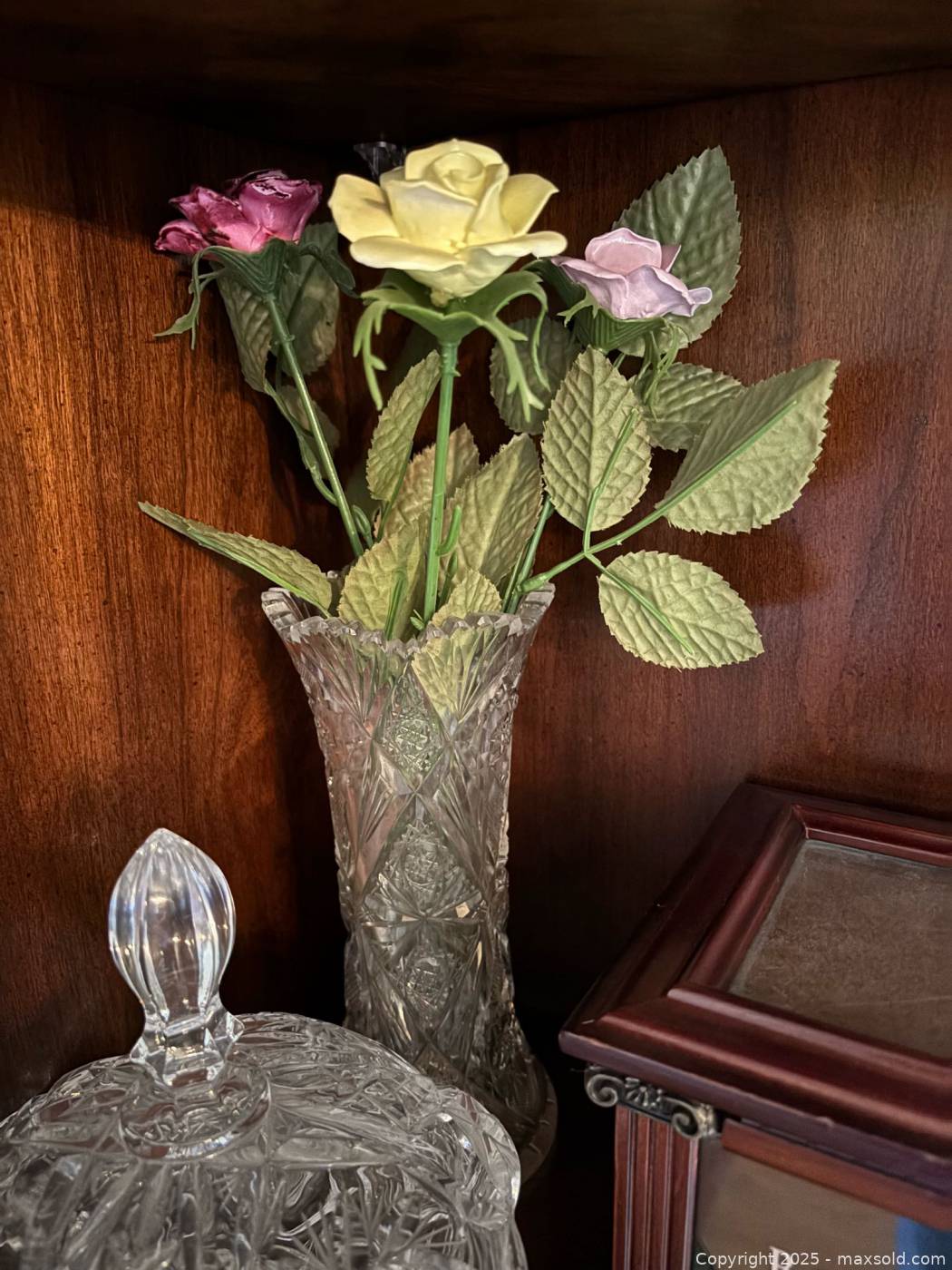 Pinwheel crystal bowl, crystal vase with china roses, Bombay wooden ...