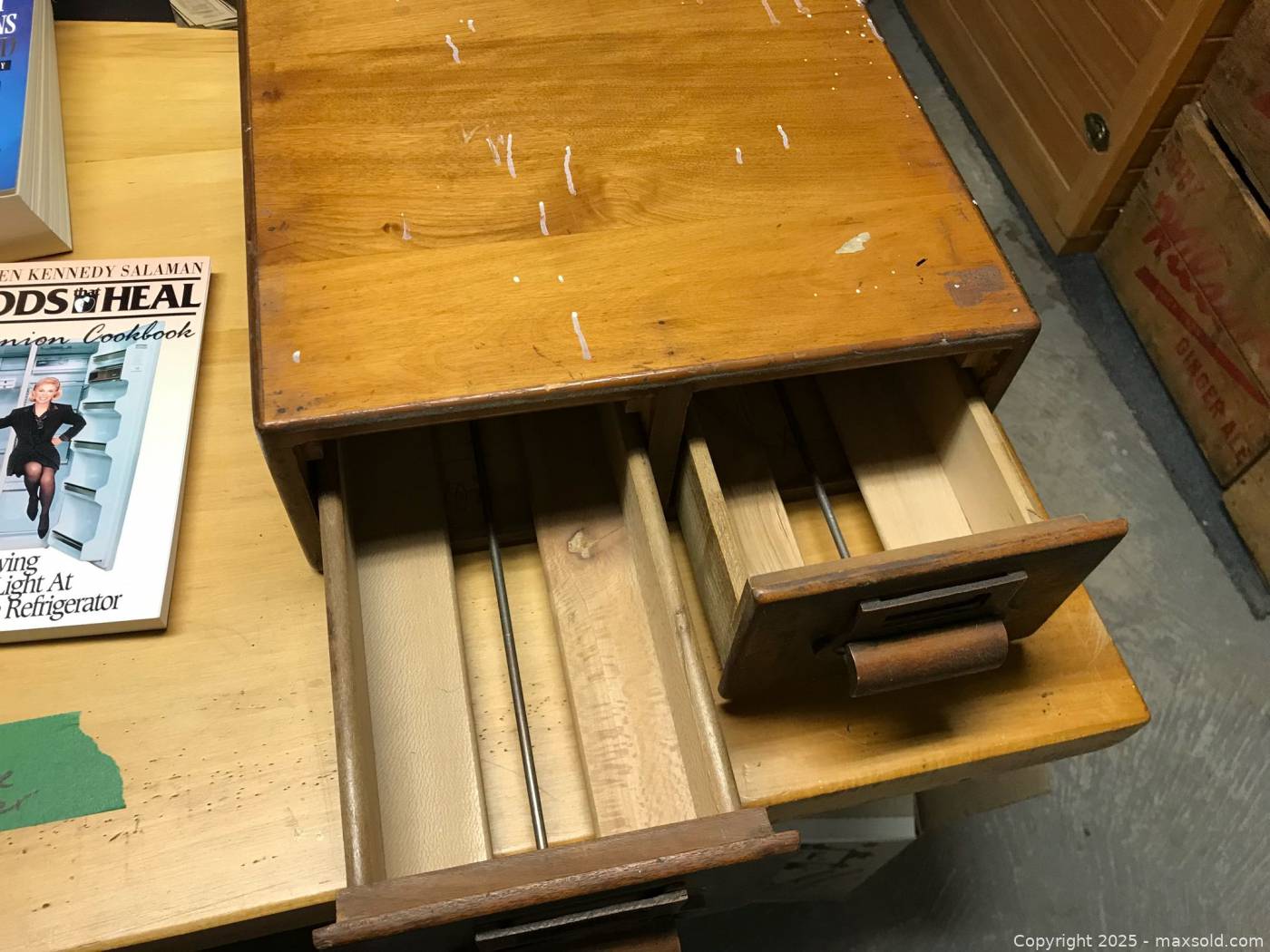 Wooden library card cabinet, metronome, 10 books & file holders | Maxsold