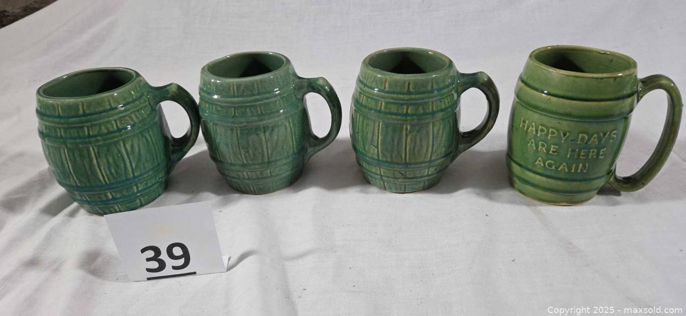 4 McCoy green barrel pottery mugs | Maxsold