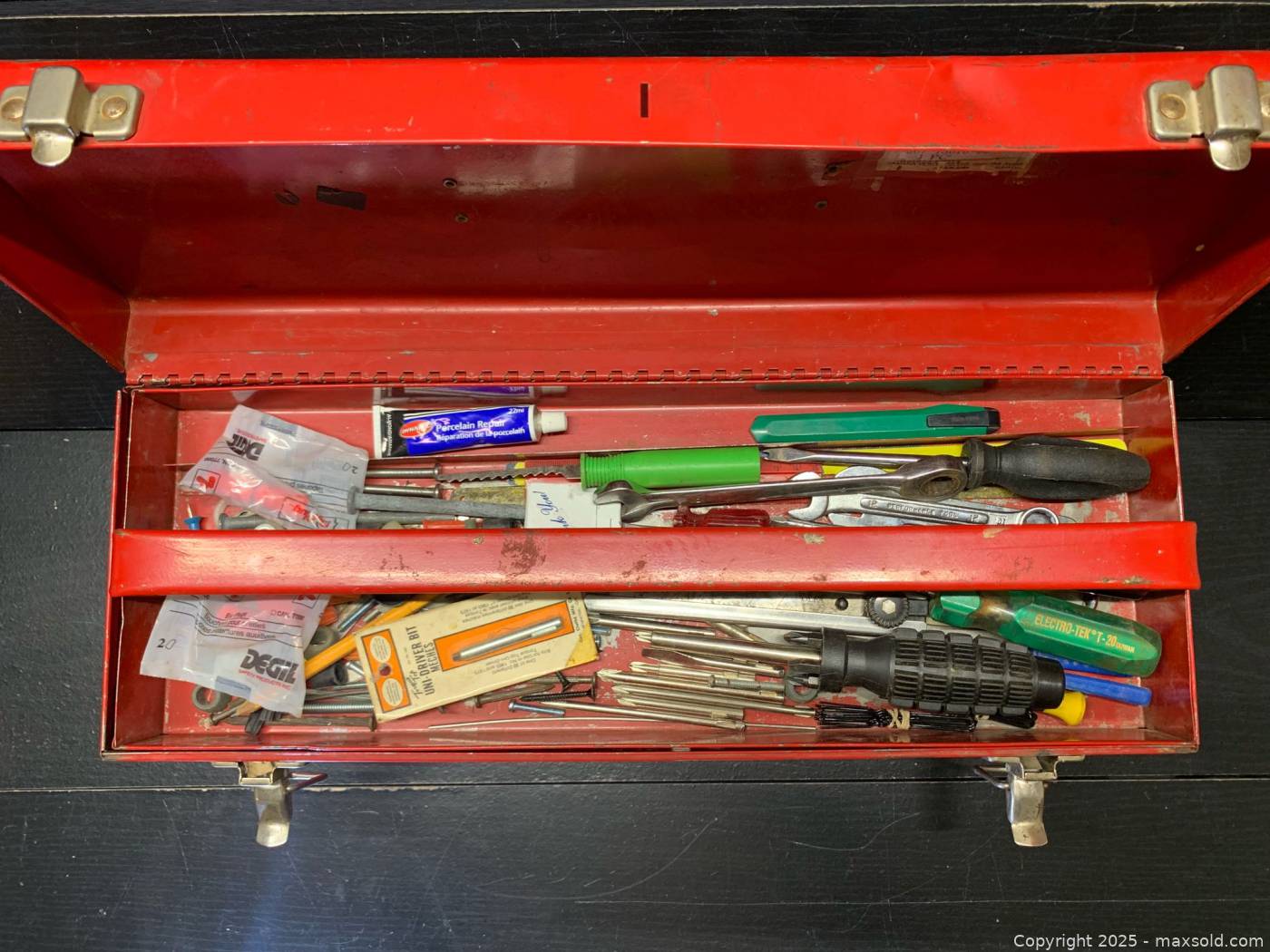 Toolbox with pipe wrenches, drivers, bits | Maxsold