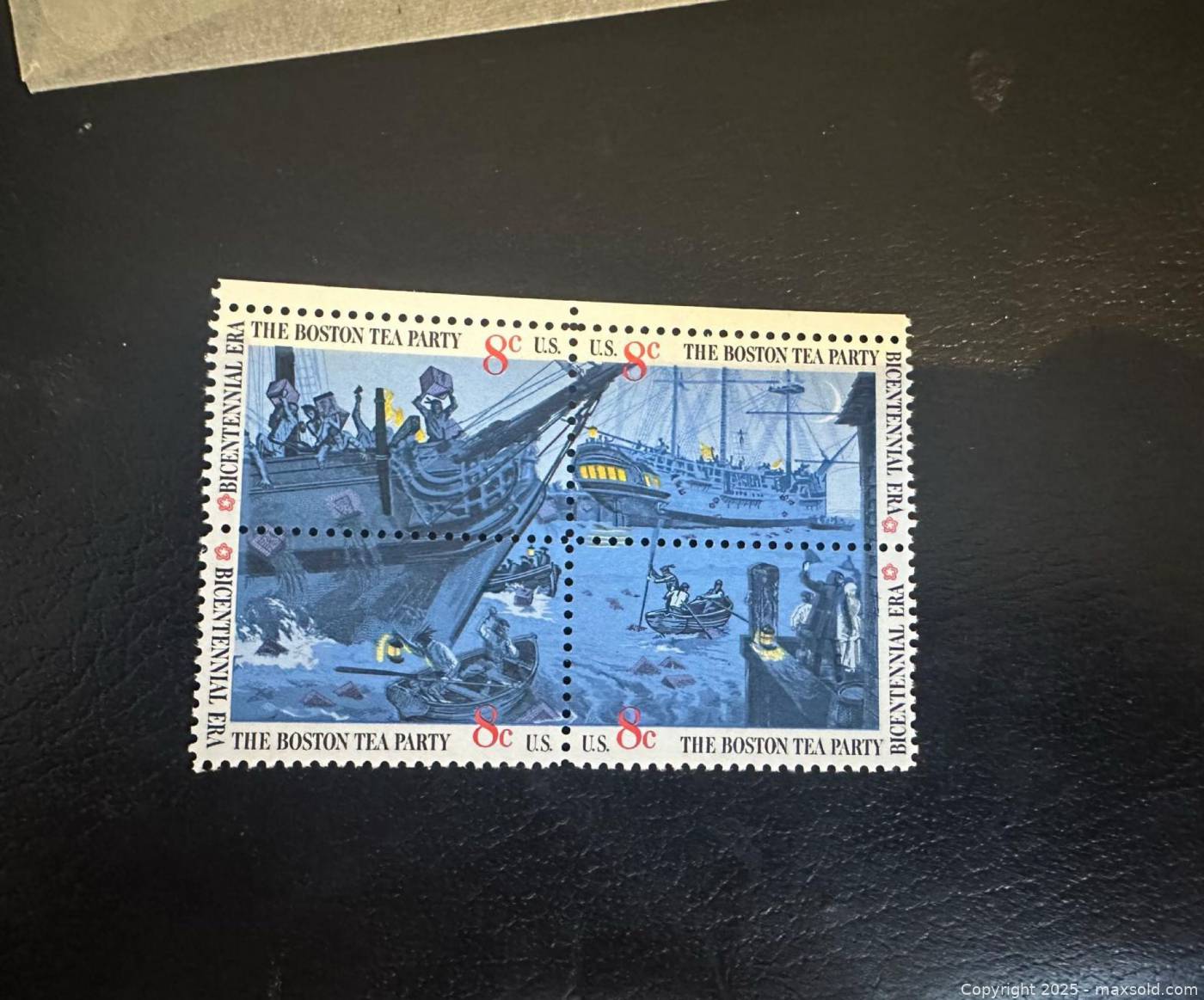 Plate block, US 8¢ Boston Tea Party stamps, 1973 | Maxsold