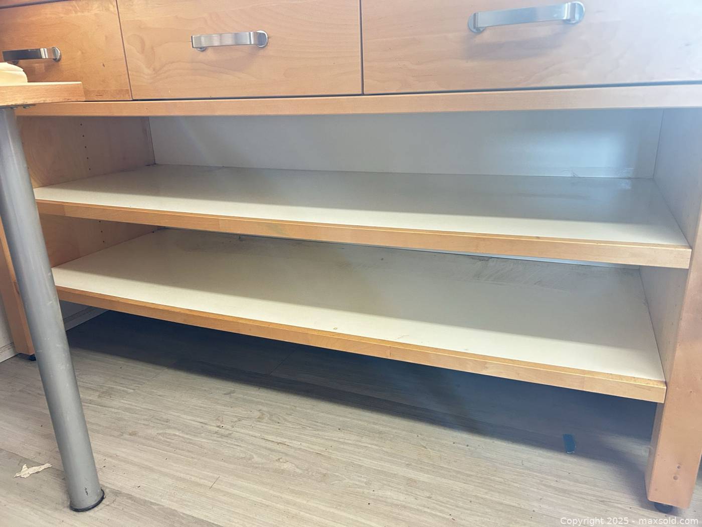 Butcher block kitchen island with drawers and shelves | Maxsold