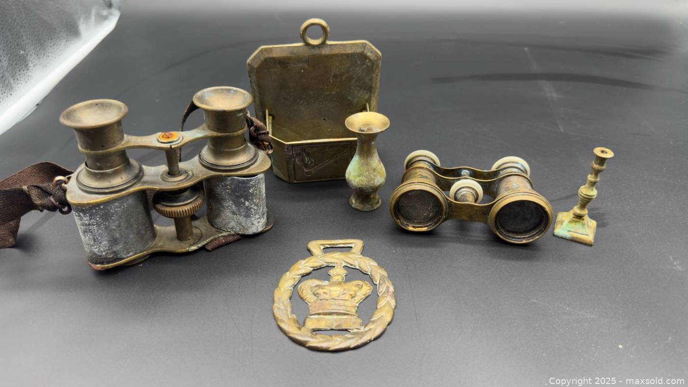 Antique brass opera glasses, crumb tray, candlestick, bud vase, horse ...