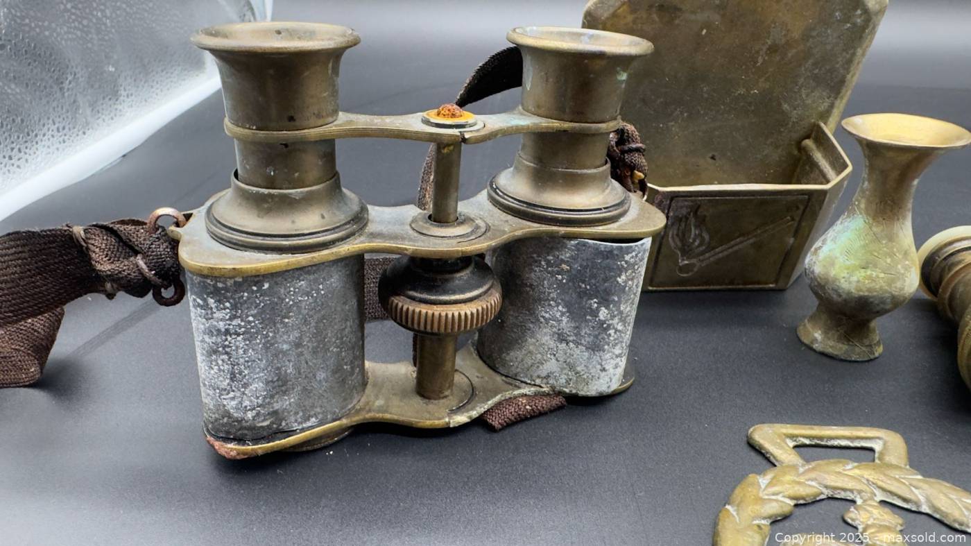 Antique brass opera glasses, crumb tray, candlestick, bud vase, horse ...