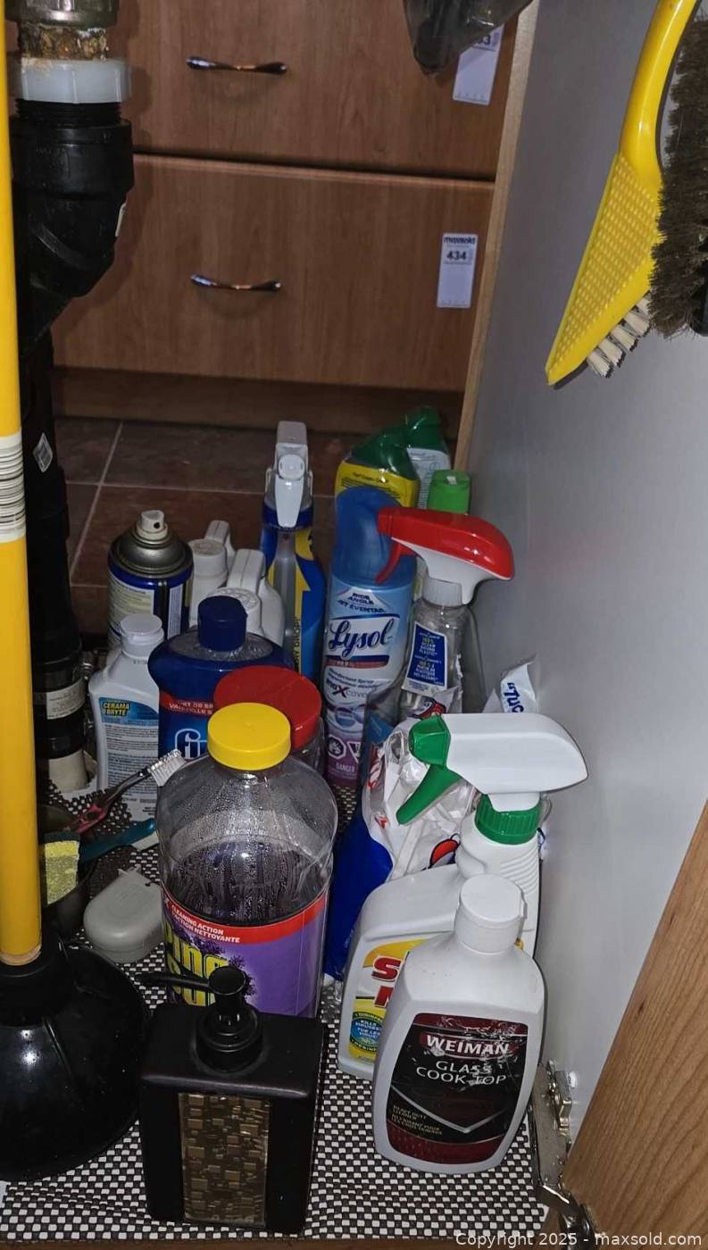 Cleaning supplies with small step trash can | Maxsold