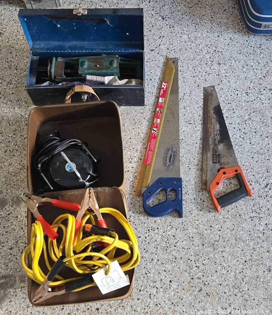 Jumper cables, two hand saws, toolbox with bench vise, retractable cord ...