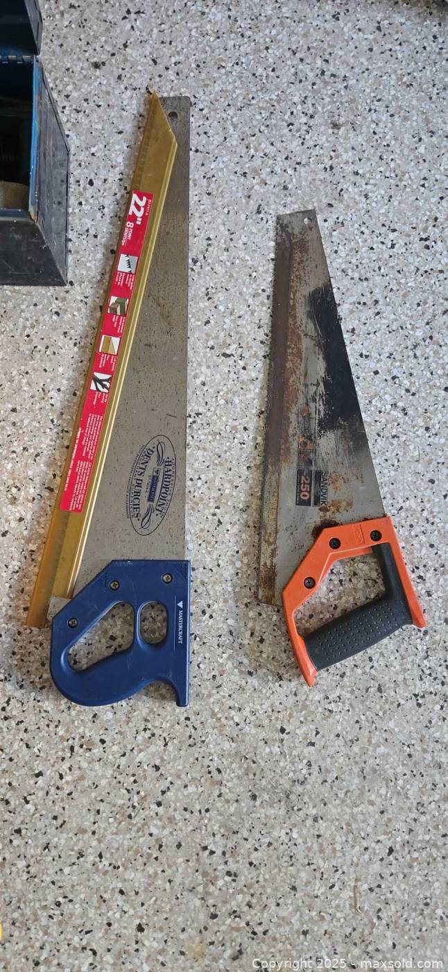 Jumper cables, two hand saws, toolbox with bench vise, retractable cord ...