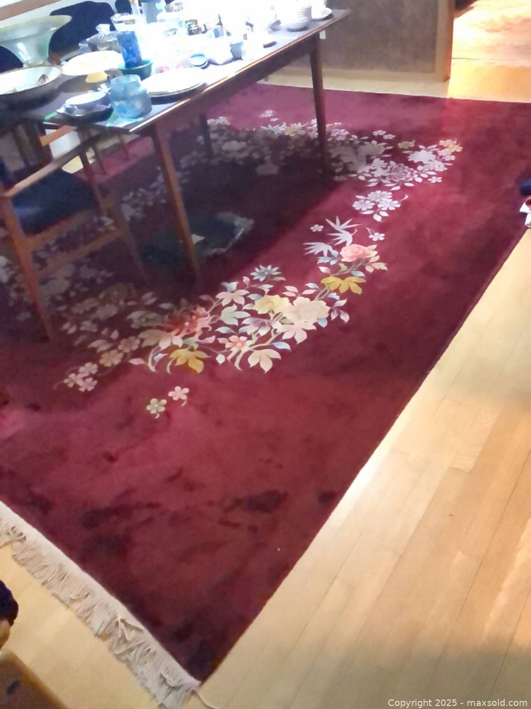 Burgundy floral area rug 12' x 8'10" | Maxsold