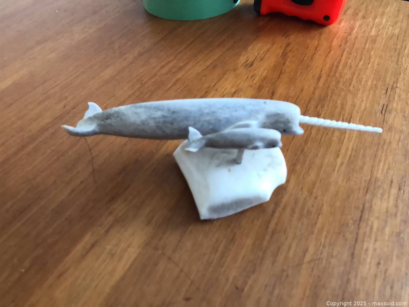 Soapstone Narwhal And Baby Sculpture With 12in Walrus Tusk | Maxsold