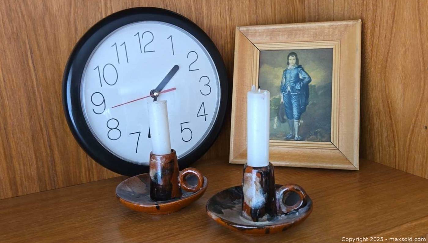 Val-David ceramic chamber sticks, wall clock, framed picture | Maxsold